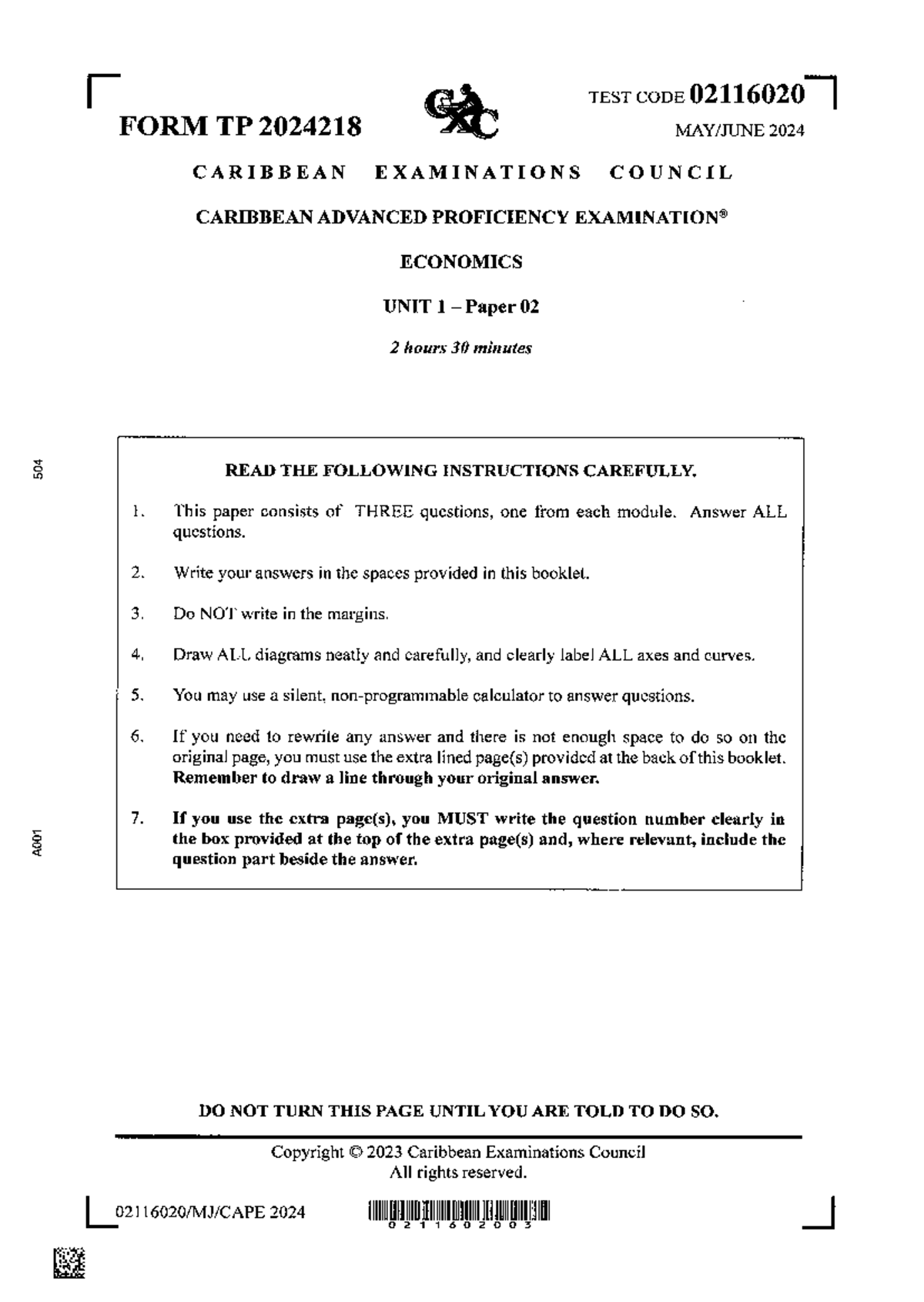CAPE Economics Unit 1 Paper 02 2024 Exam Instructions and Questions ...