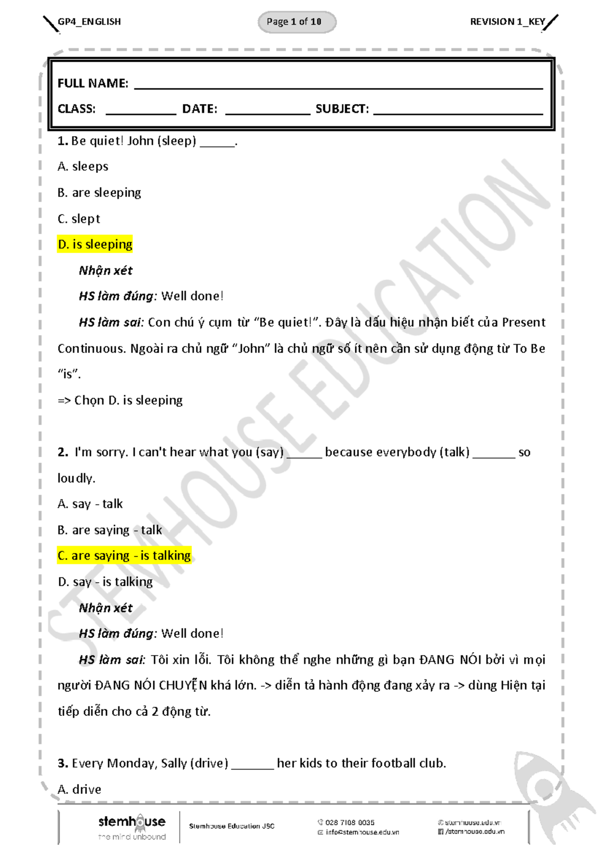 English Practice 1 KEY - follow the instruction - FULL NAME: - Studocu
