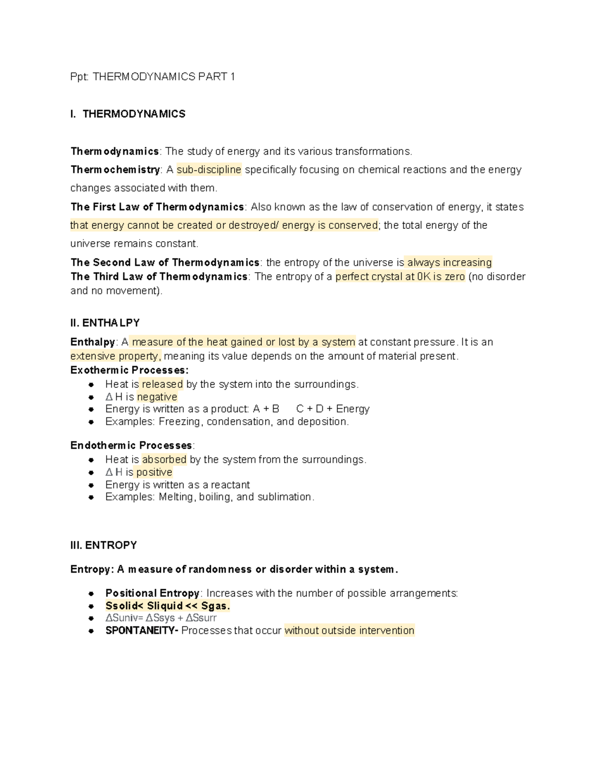 Thermodynamics Overview: Key Concepts and Laws (CHEM 101) - Studocu