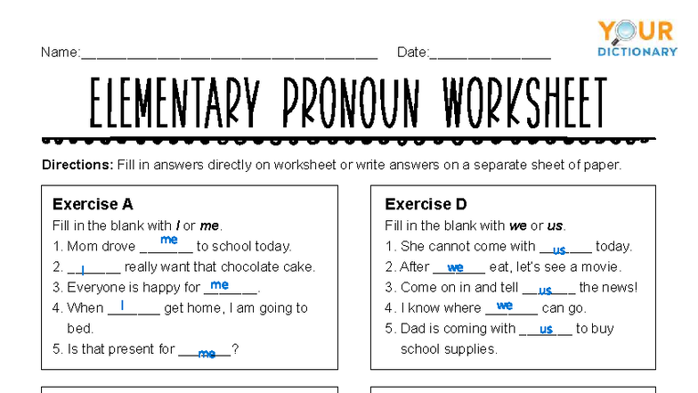 Elementary Pronoun Worksheet: Fill in the Blanks Exercise - Studocu
