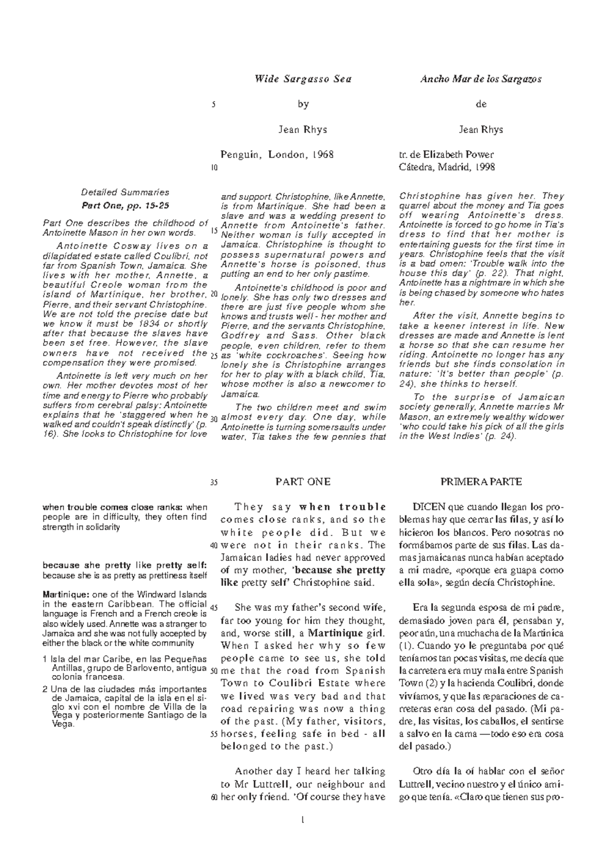 Notes on Wide Sargasso Sea (ENG 101) - Detailed Summaries and Analysis ...