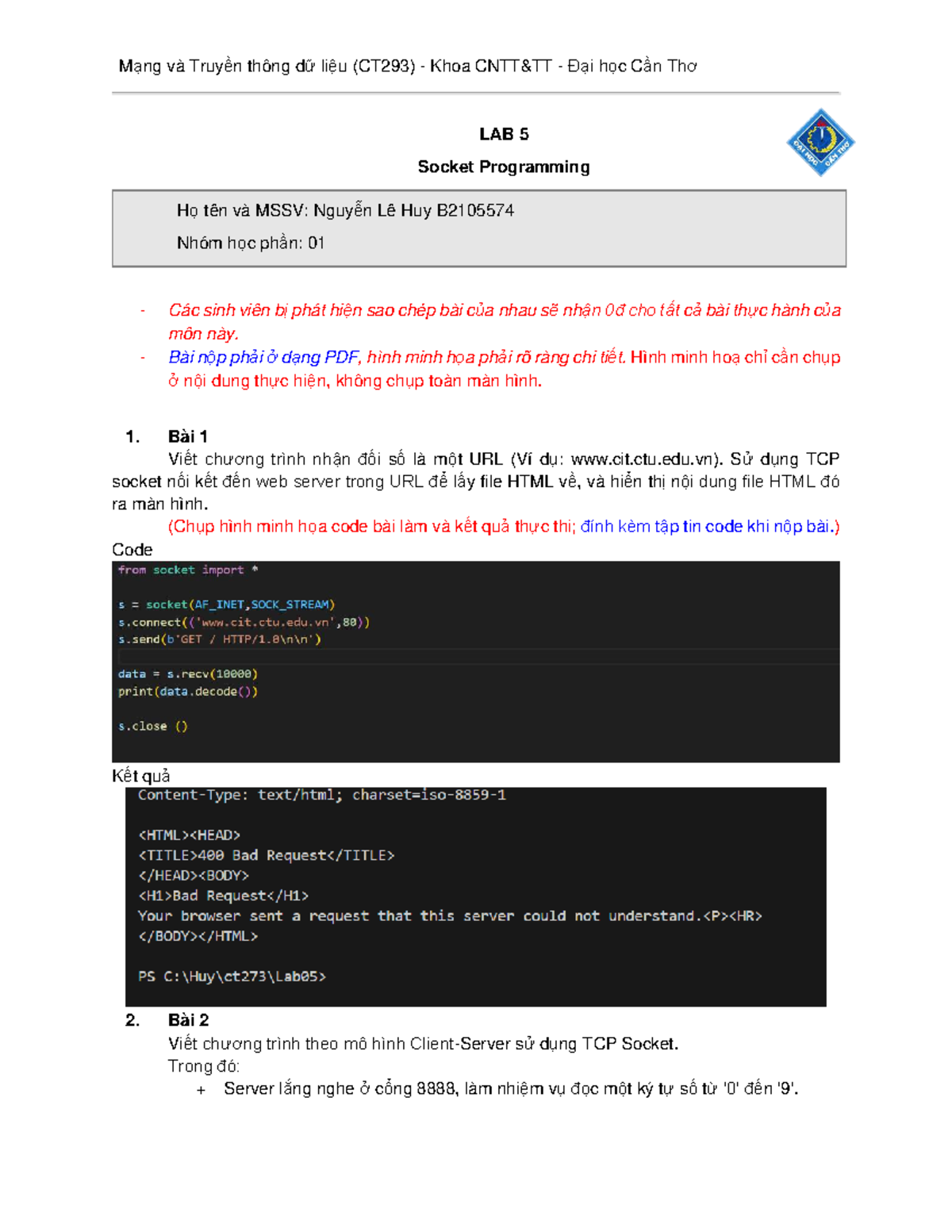 Mạng và Truyền thông dữ liệu (CT293) LAB 5: Socket Programming - Studocu