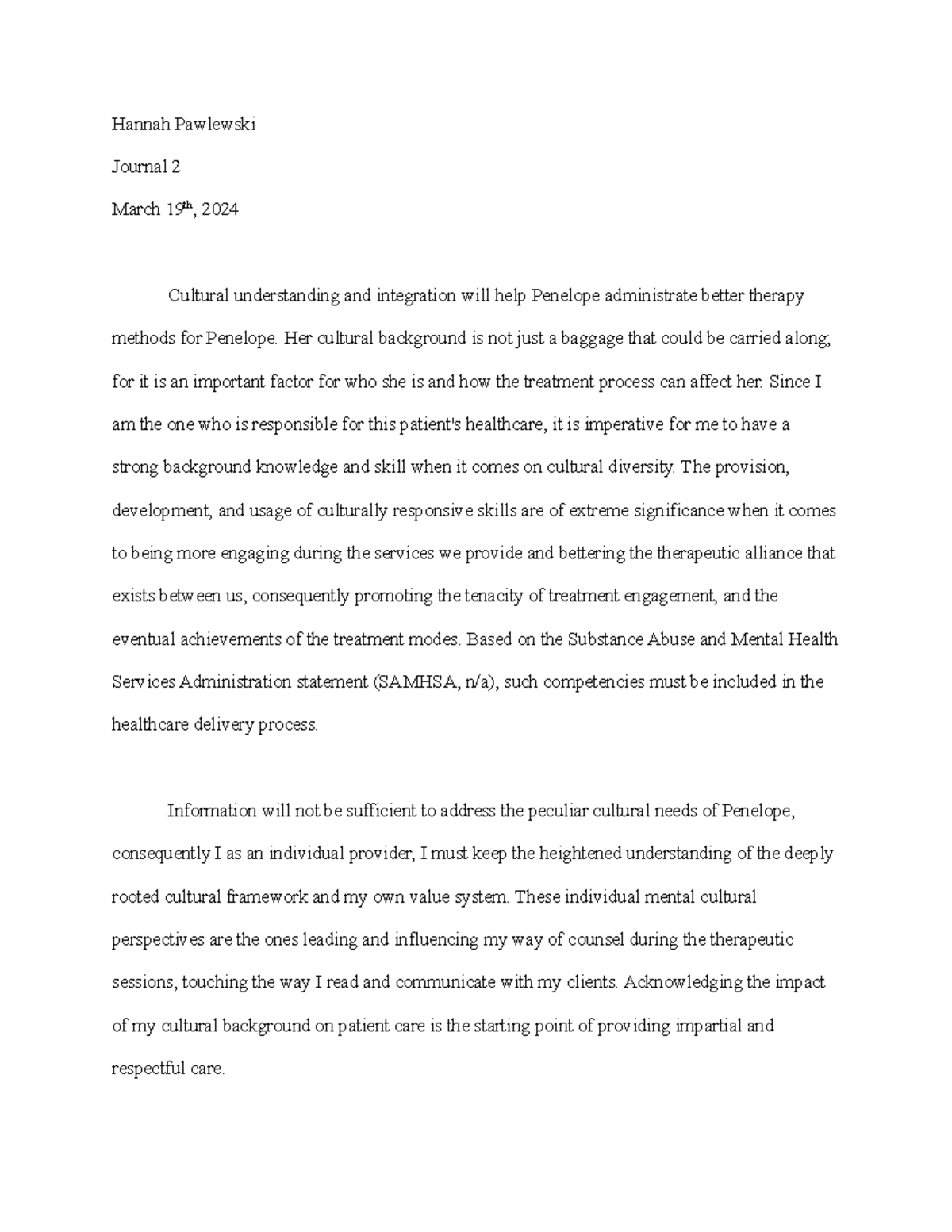 HSE 351 Journal 2: Cultural Sensitivity in Therapy for Penelope's ...