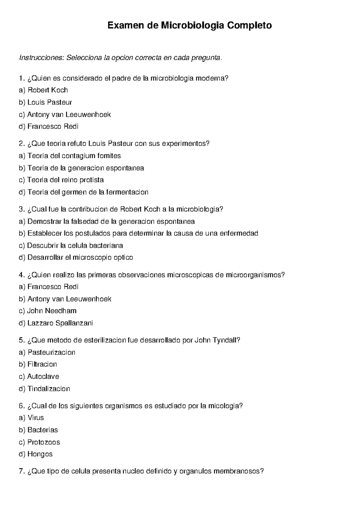 Examen Completo de Microbiología: 70 Preguntas y Respuestas - Studocu