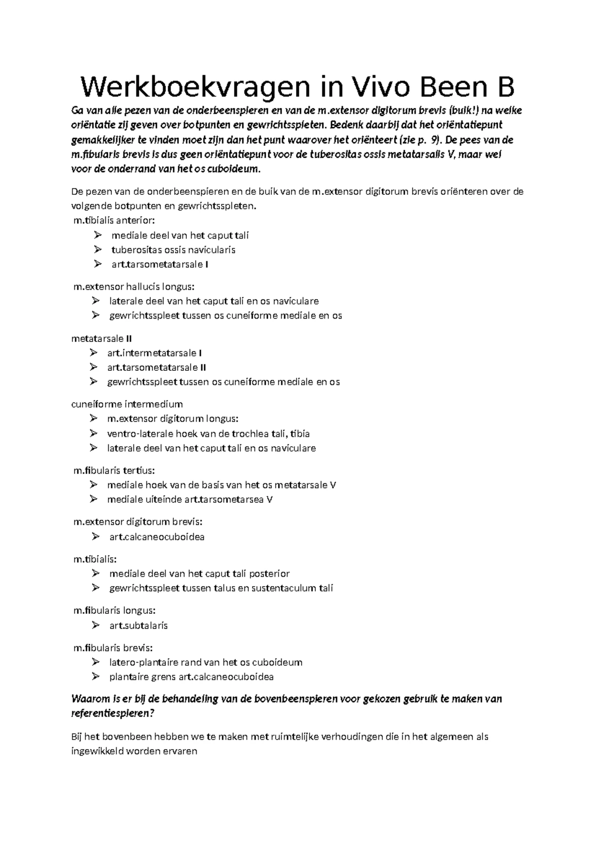 Werkboekvragen Anatomie Onderbeenspieren en Pezen (Vivo Been B ...