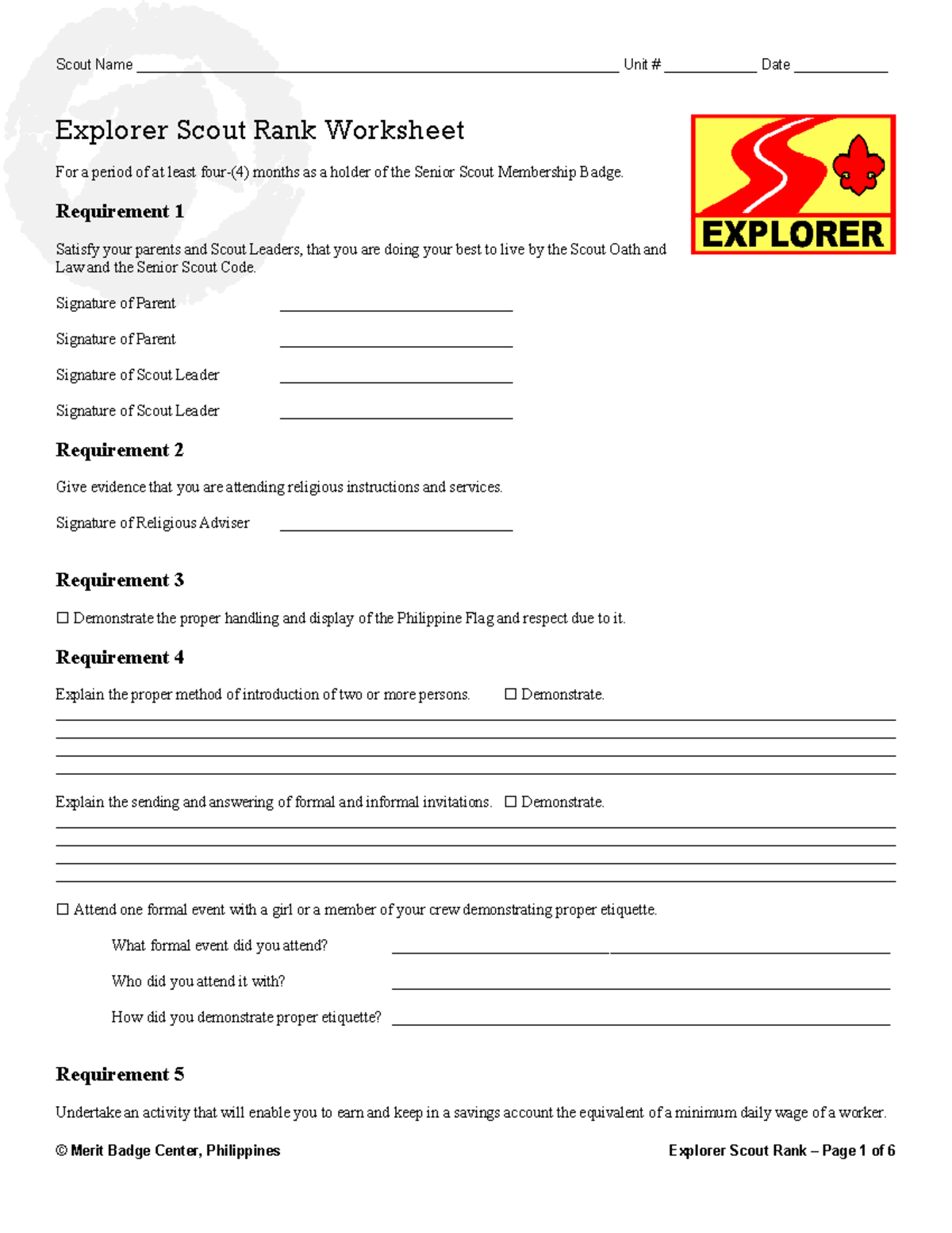 Explorer Scout Rank Worksheet - BSP Requirements & Activities - Studocu