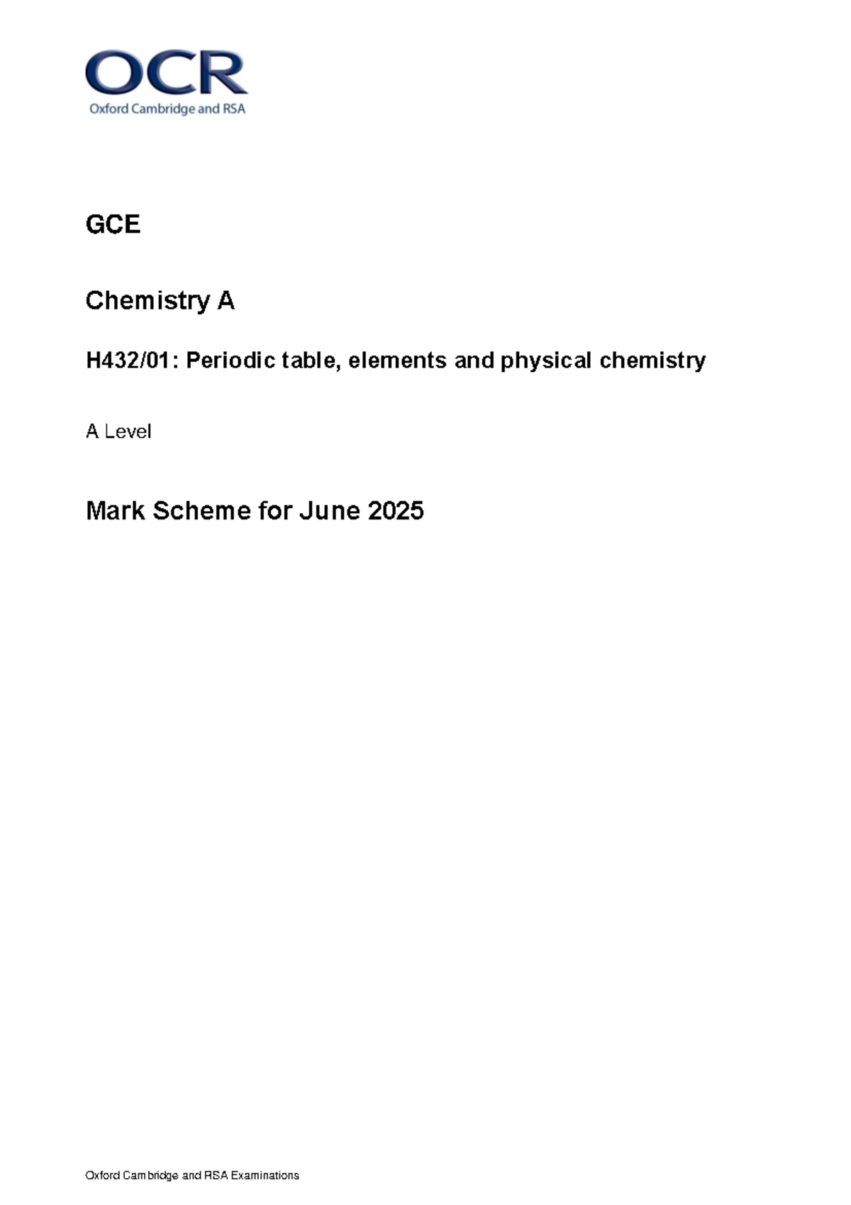 Mark Scheme for GCE Chemistry A Level (H43201) - June 2025 - Studocu