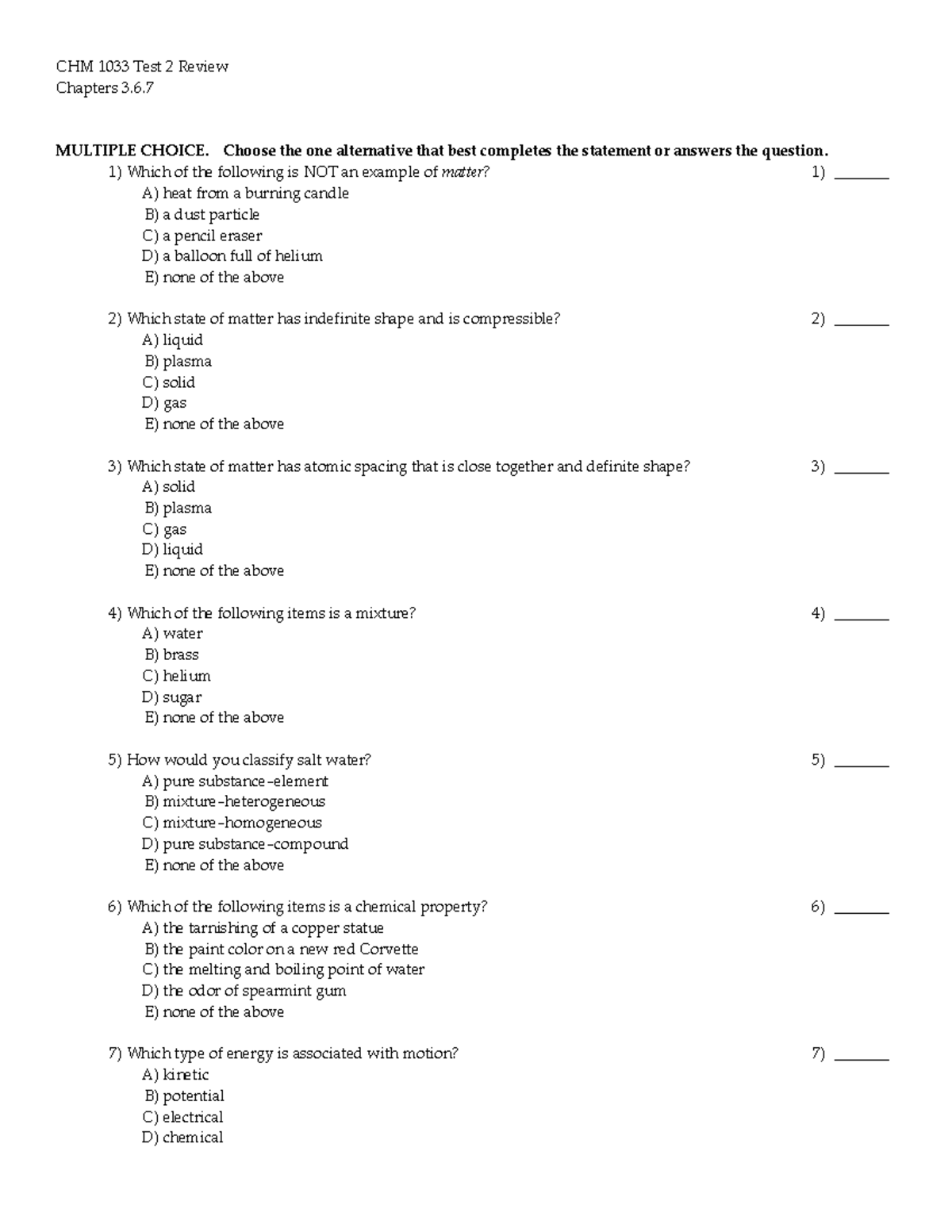 CHM 1033 Test 2 Review - Multiple Choice Questions (Chapters 3-7) - CHM ...