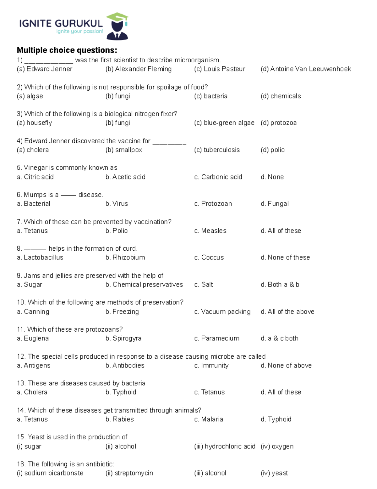 Practice Worksheet - Microorganisms - 12: Key Concepts and Questions ...