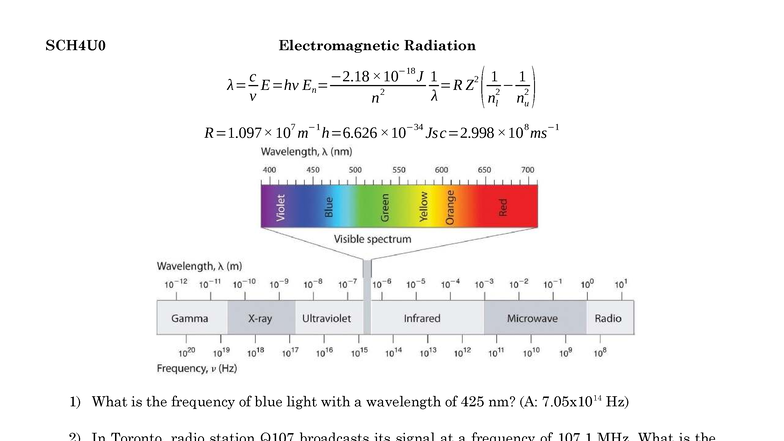 SCH4U0 Worksheet 1: Electromagnetic Radiation Problems - Studocu