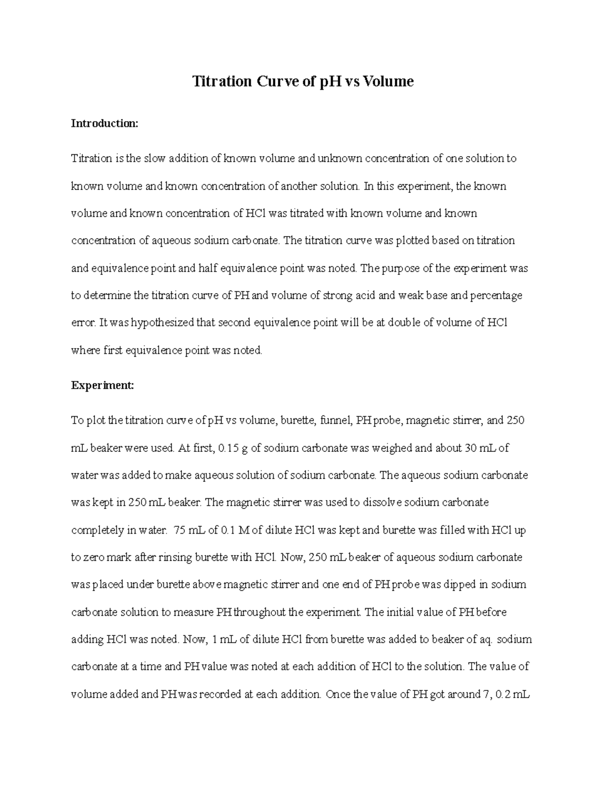 Lab Report 6 - Titration curve of pH and volume - Titration Curve of pH ...