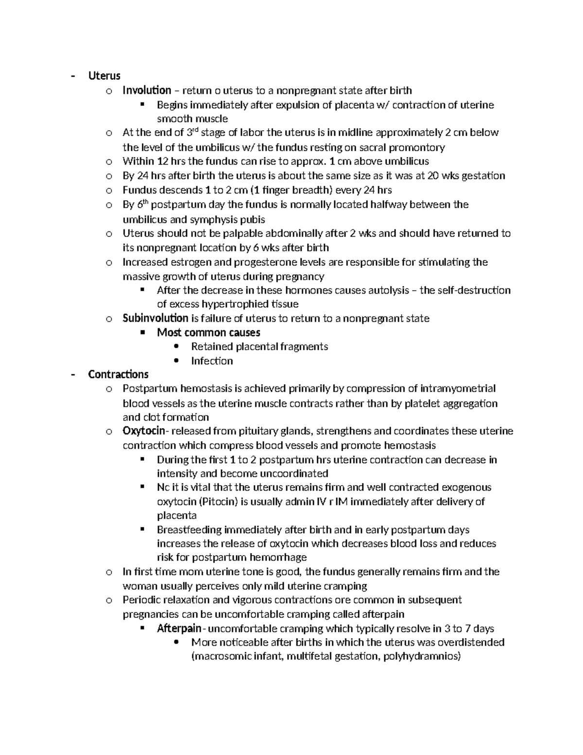 Postpartum - notes - Uterus o Involution – return o uterus to a ...