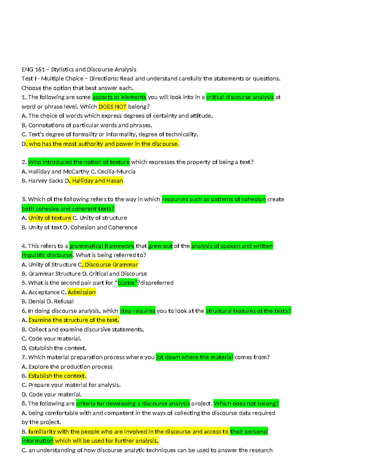 ENG 161 Final Exam Reviewer: Stylistics & Discourse Analysis - Studocu