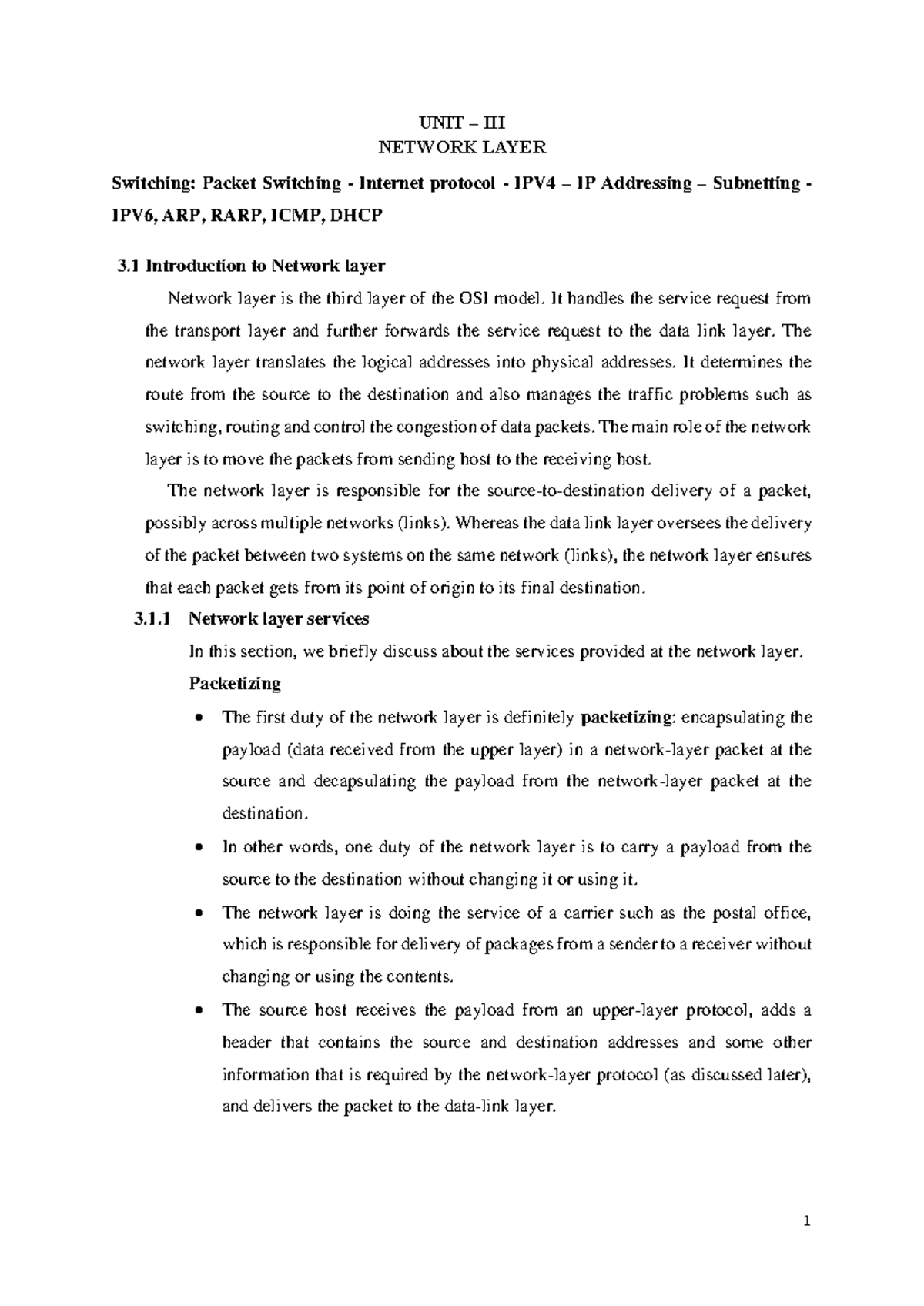 Unit 3: Network Layer Overview - Packet Switching & Protocols - Studocu
