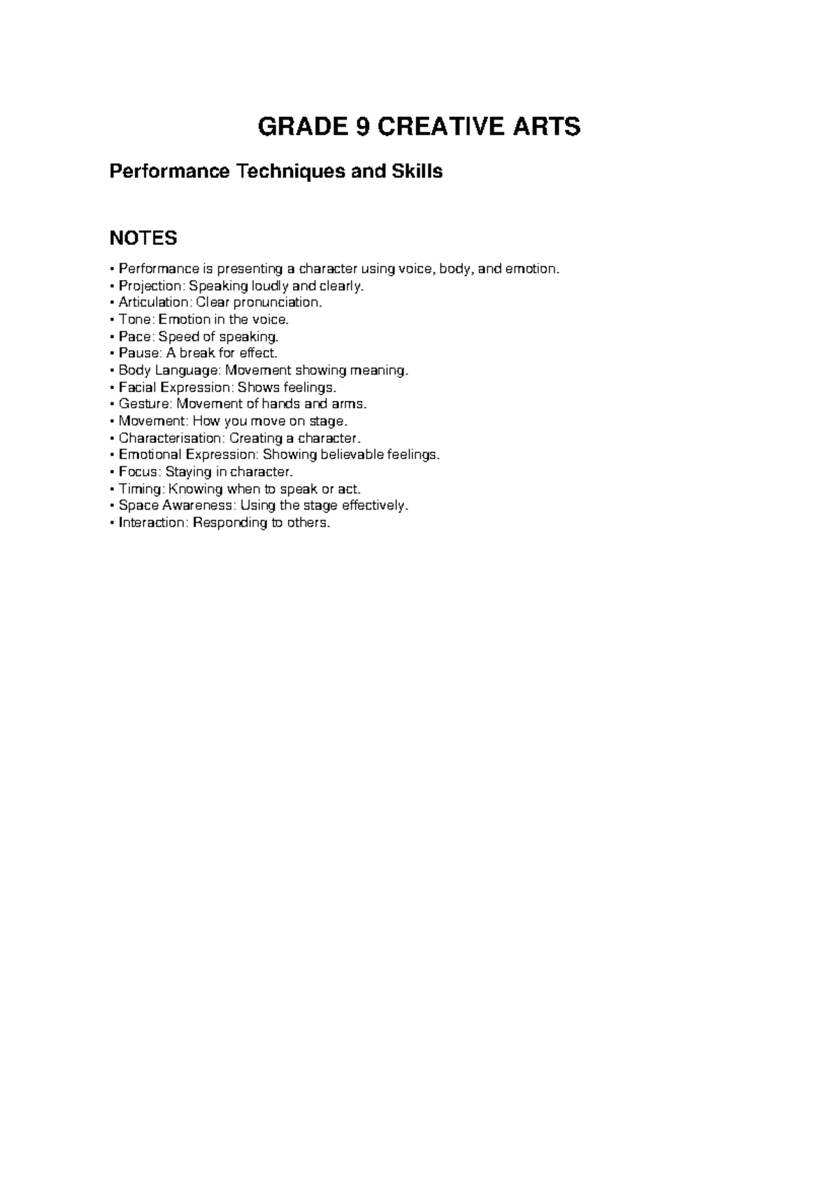GRADE 9 CREATIVE ARTS Performance Techniques & Skills Notes - Studocu