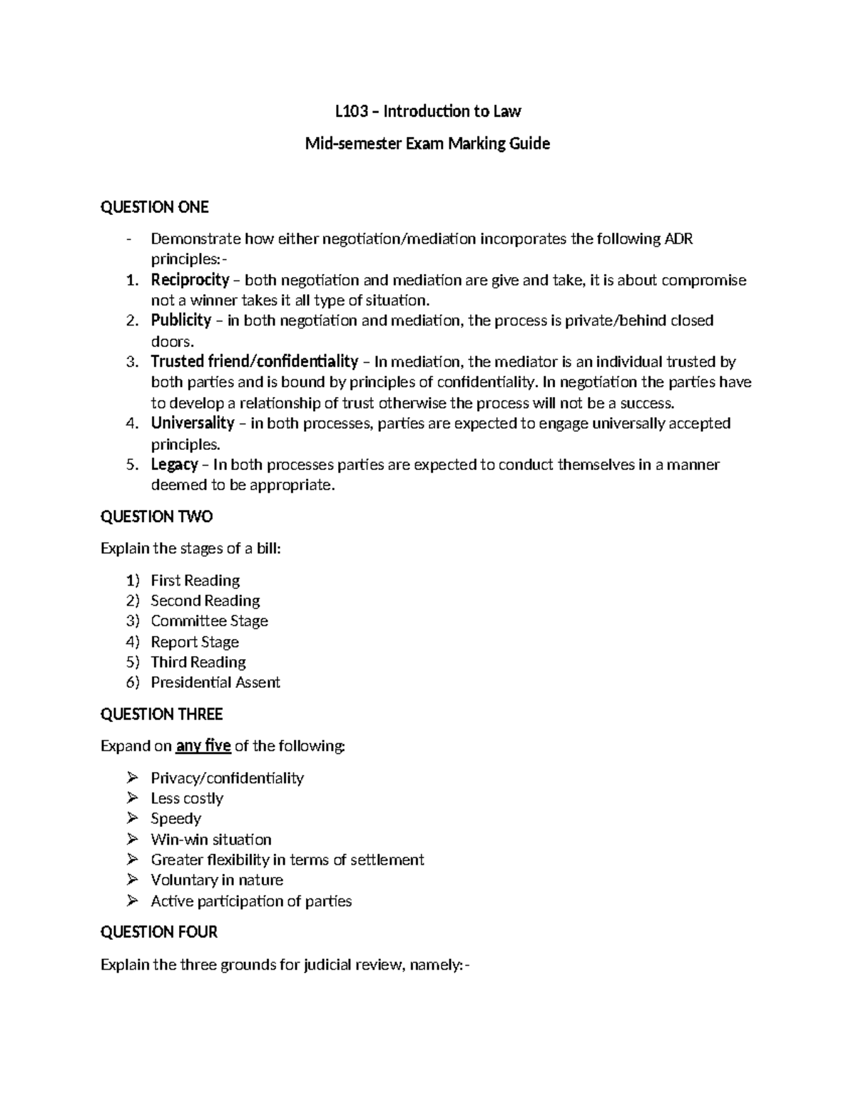 L103 Introduction to Law Midterm Exam Marking Guide - Studocu