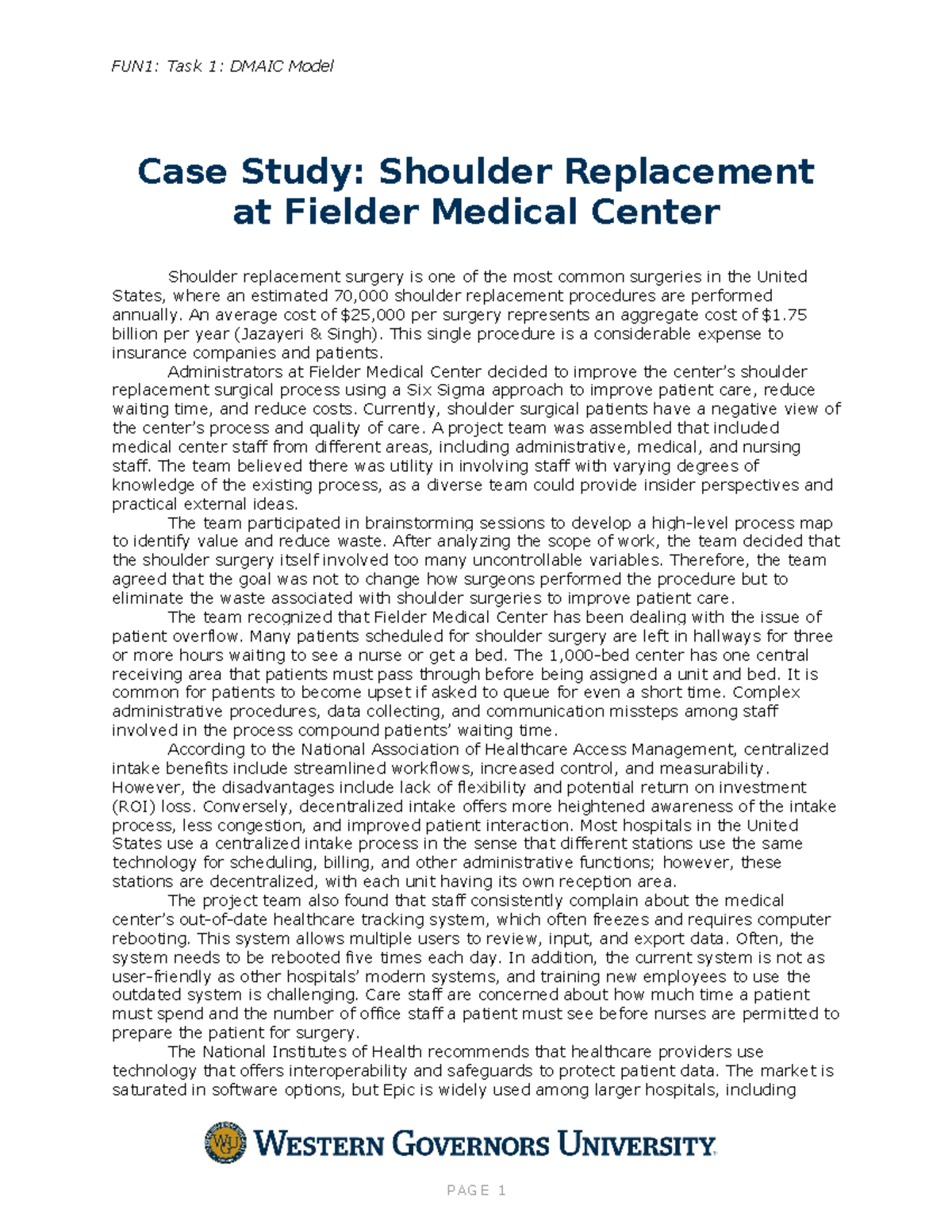 Case Study: Improving Shoulder Replacement Process at Fielder MC - Studocu