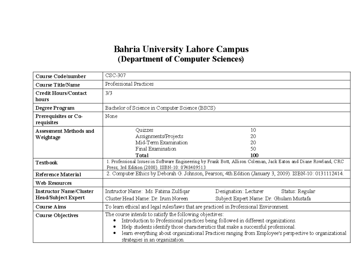Course Outline for CSC - Professional Practices in Computer Science - Studocu