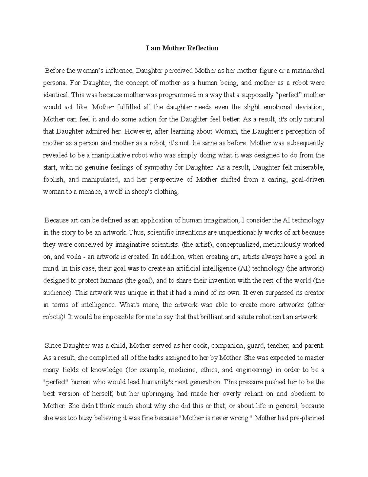 I am Mother Reflection - I am Mother Reflection Before the woman’s influence, Daughter perceived ...