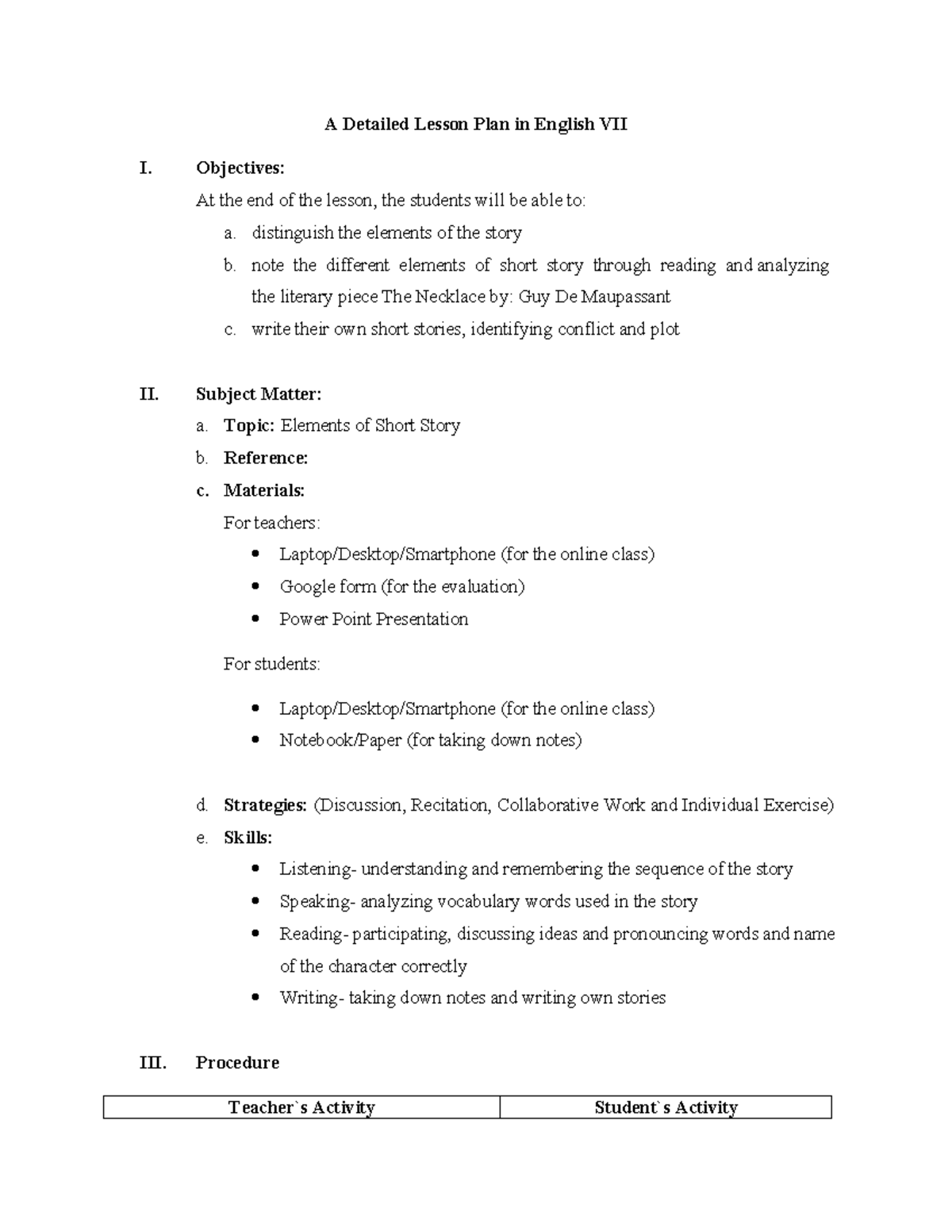 A Detailed Lesson Plan in English VIII (Elements of the story) - A ...