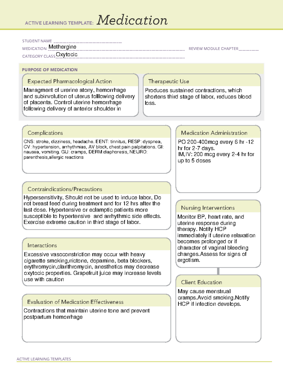 Methergine (Oxytocic) Medication Card - Active Learning Template - Studocu
