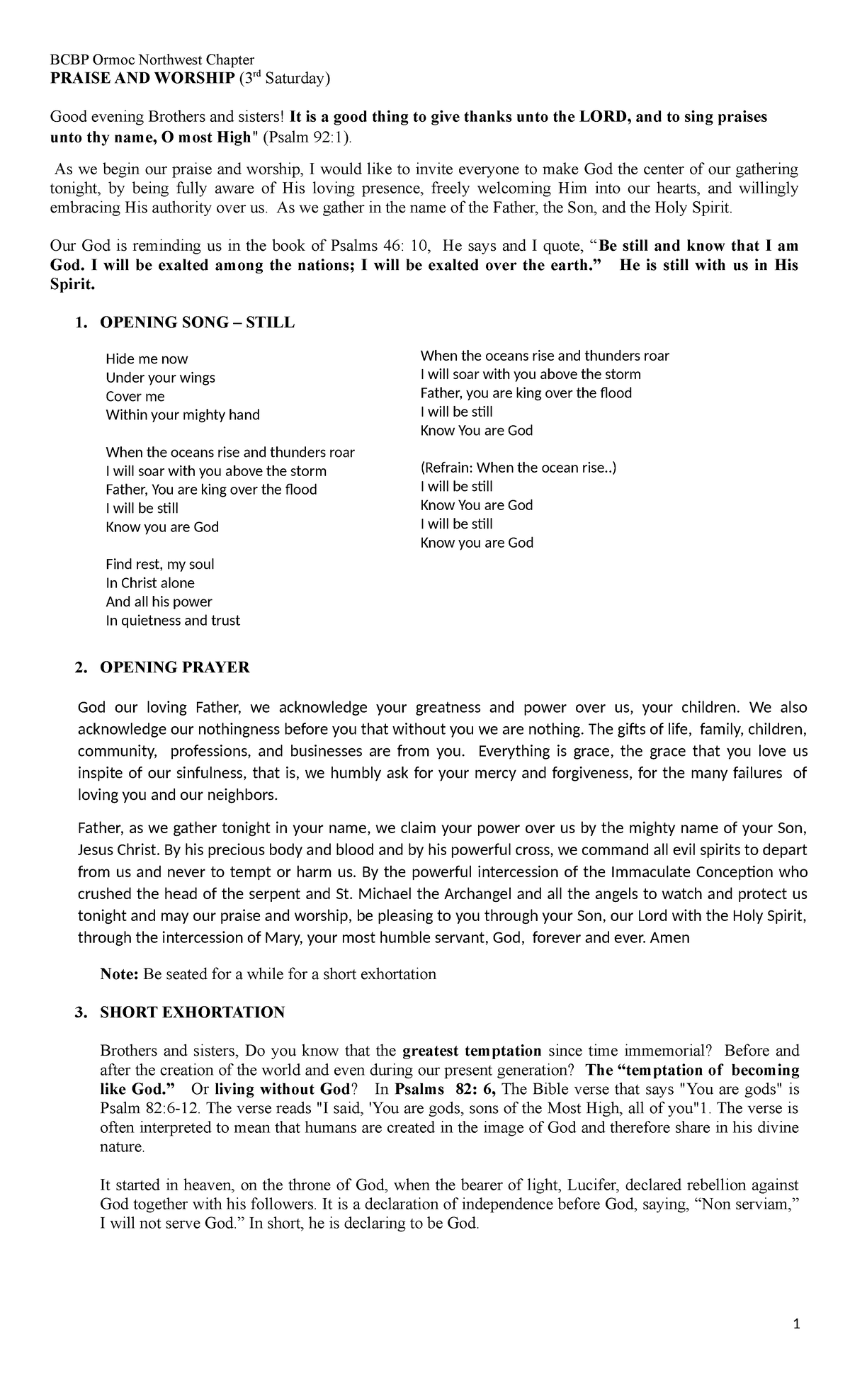 BCBP Ormoc Worship Assembly - Praise & Exhortation Notes - Studocu