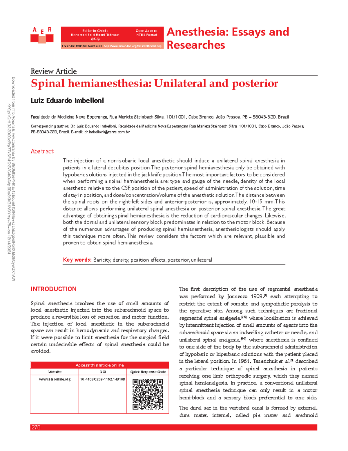 Spinal hemianesthesia unilateral and posterior - Anesthesia: Essays and ...