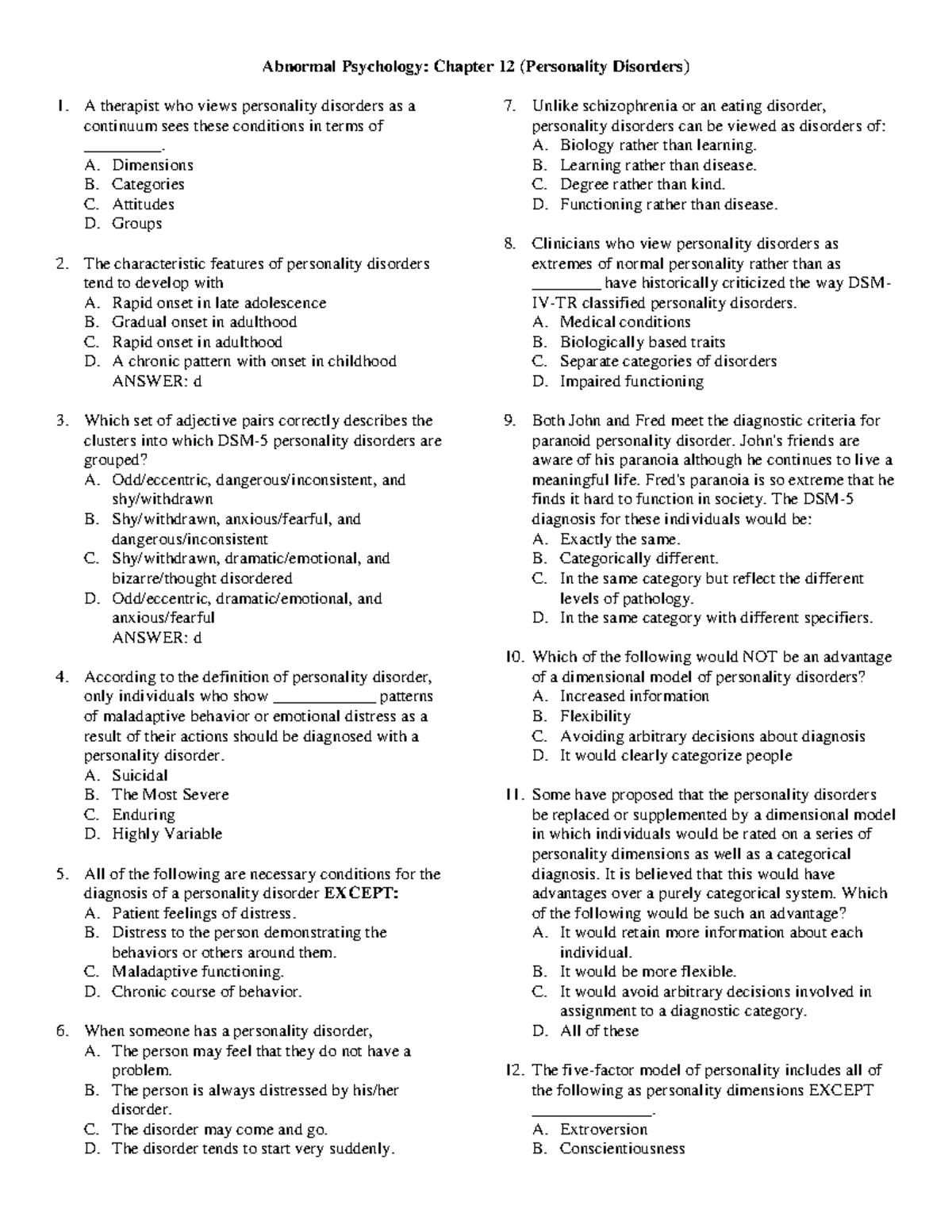Abnormal Psychology: Personality Disorders - Chapter 12 Notes - Studocu