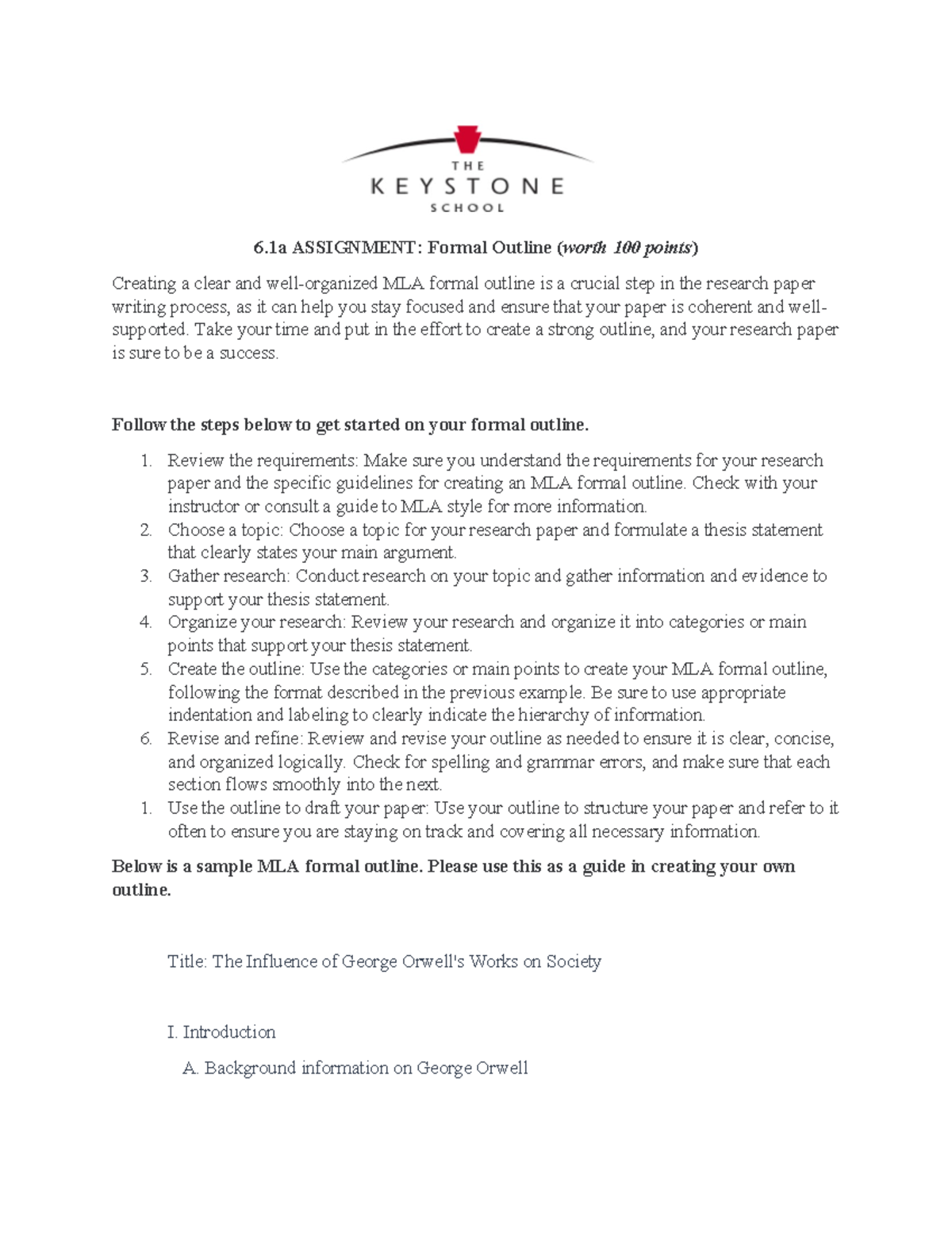 IIJM - Keystone: MLA Formal Outline Assignment Guide (100 Points) - Studocu