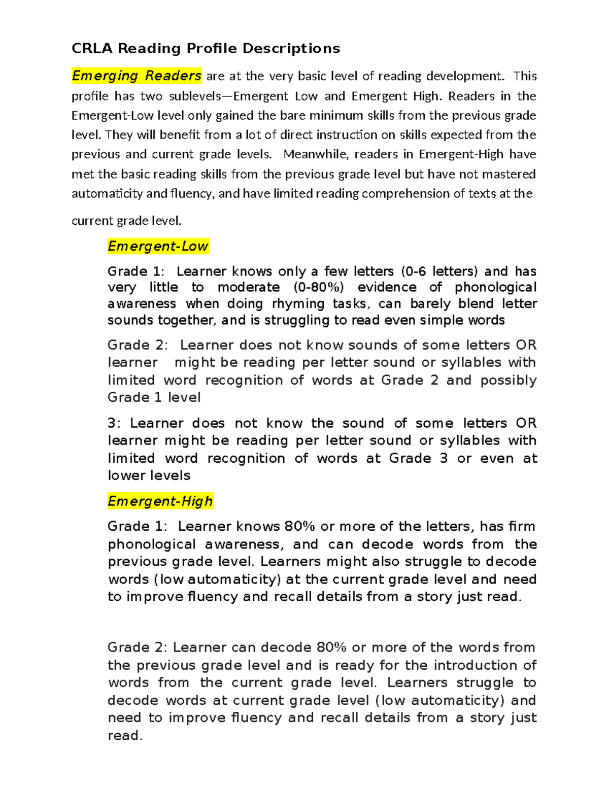 CRLA Reading Profile Descriptions for Emerging Readers 2025-2026 - Studocu