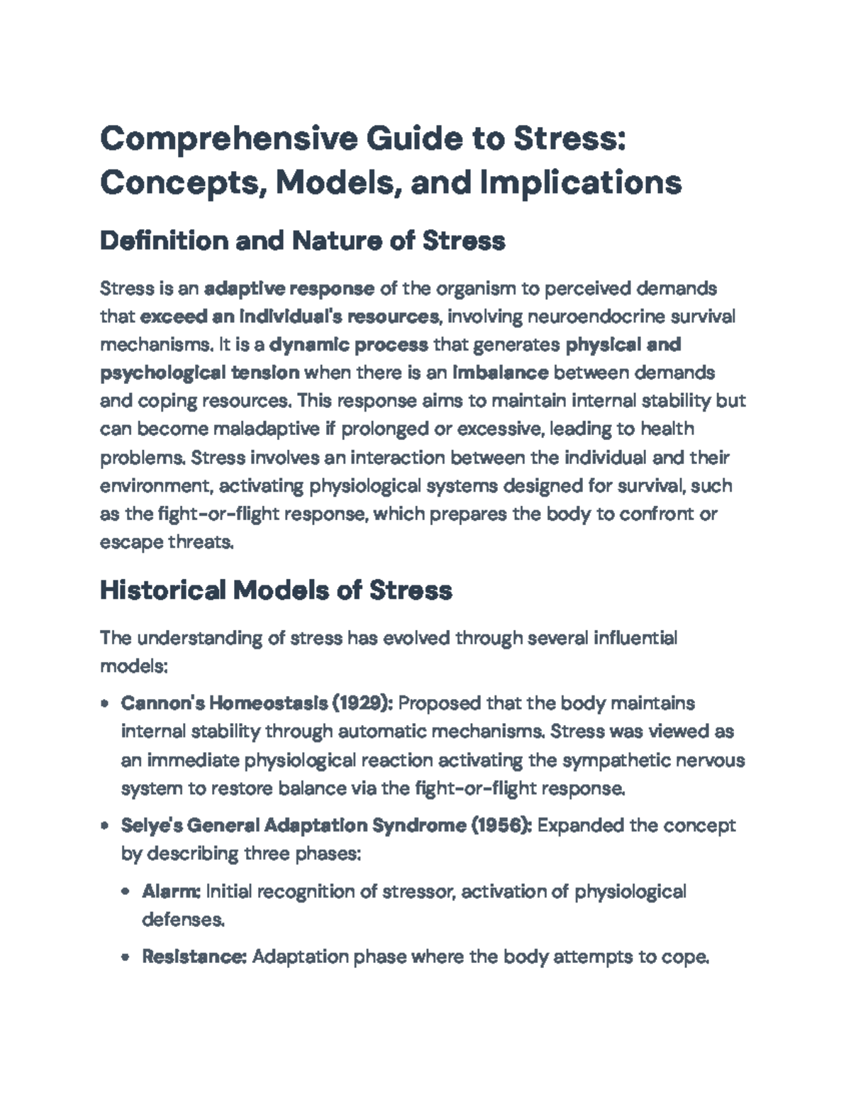 Comprehensive Study of Stress: Concepts, Models, and Implications - Studocu