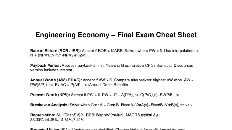 ENG 101 Engineering Economy Final Exam Cheat Sheet - Studocu