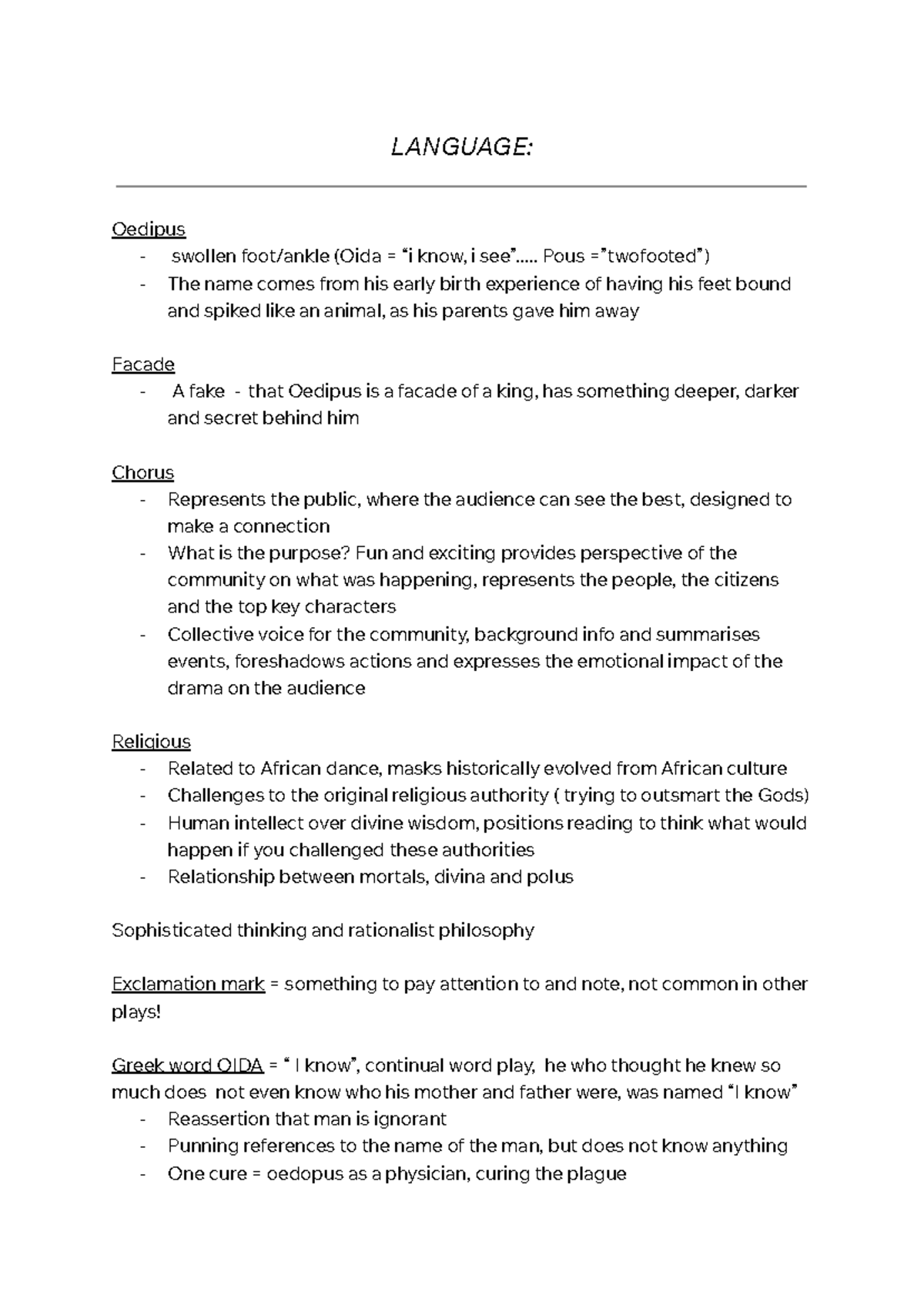 Oedipus Study Notes: Themes, Characters, and Analysis - Studocu