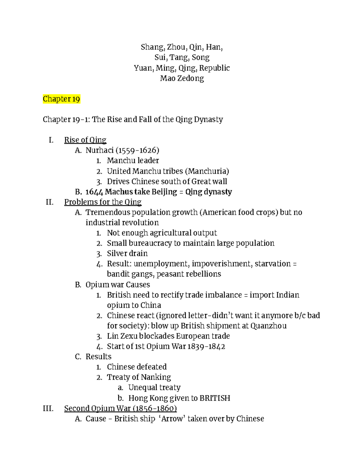AP World Chapter 19 Notes - Shang, Zhou, Qin, Han, Sui, Tang, Song Yuan ...