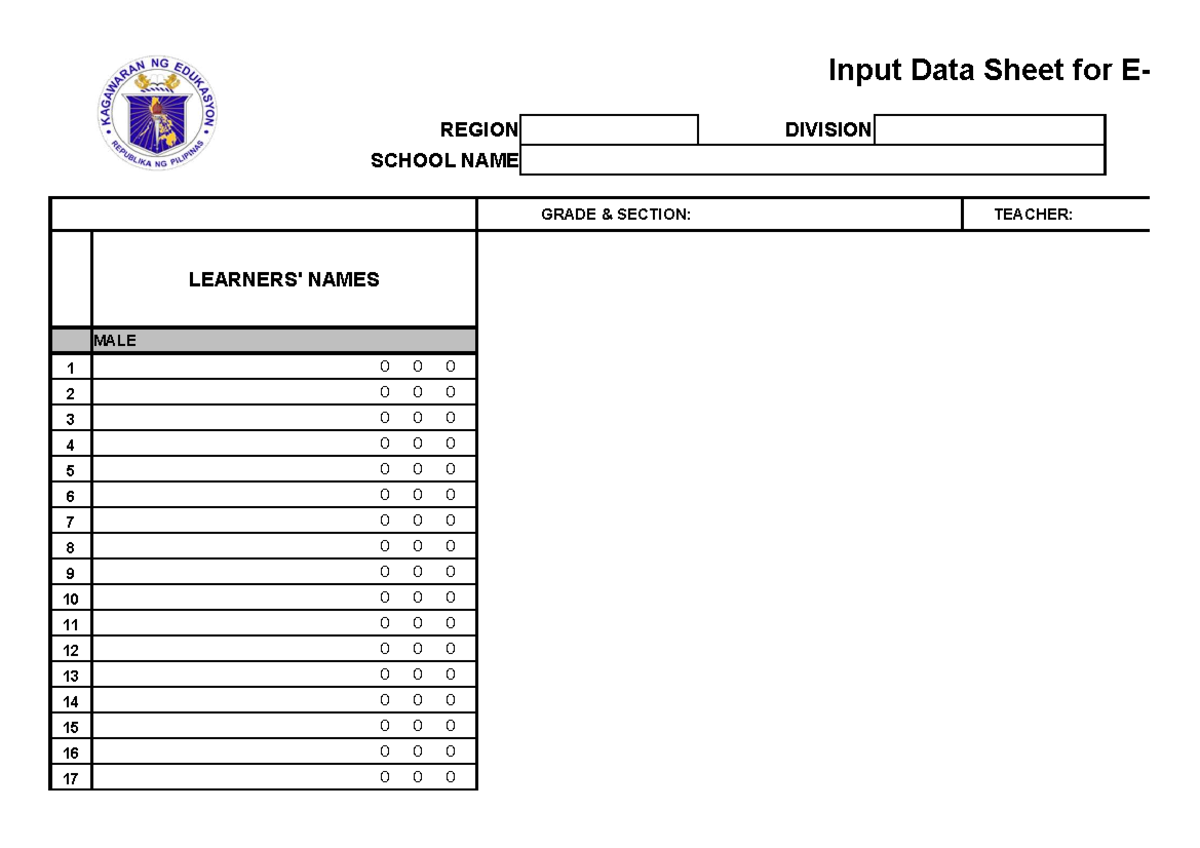 Input Data Sheet for Grade 7 Filipino Class Record - Studocu