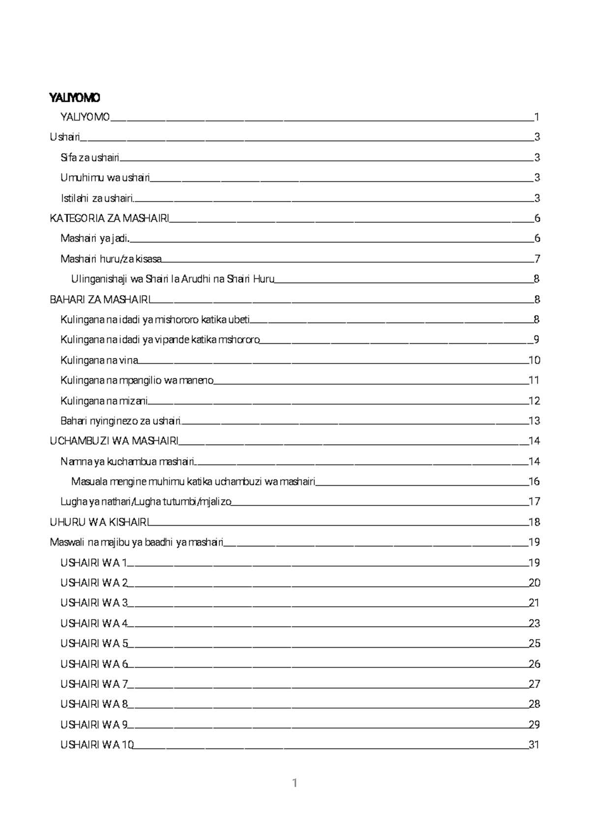 Ushairi Notes for Course YAL 2023: Comprehensive Study Guide - Studocu