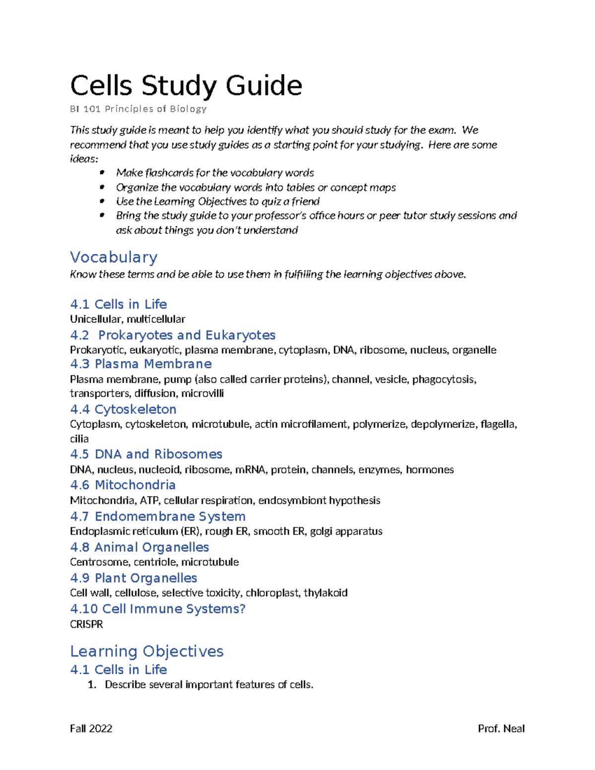 Cells Study Guide for BI 101 Principles of Biology Exam - Studocu
