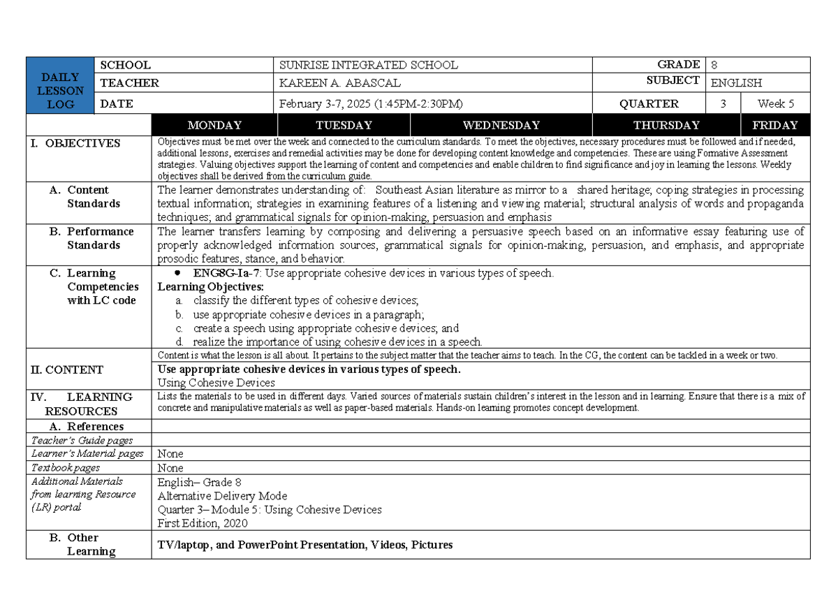 Eng8 Daily Lesson Log Q3 W5: Using Cohesive Devices in English - Studocu