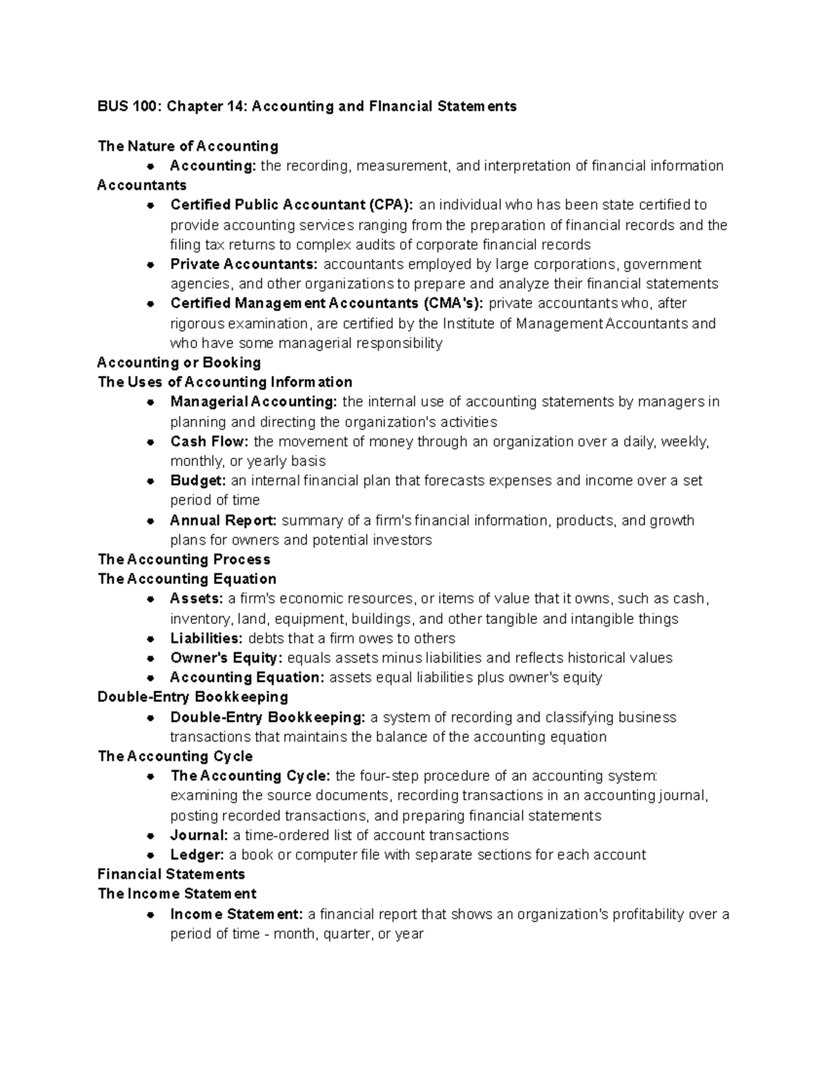 BUS 100 Chapter 14: Key Concepts in Accounting & Financial Statements ...