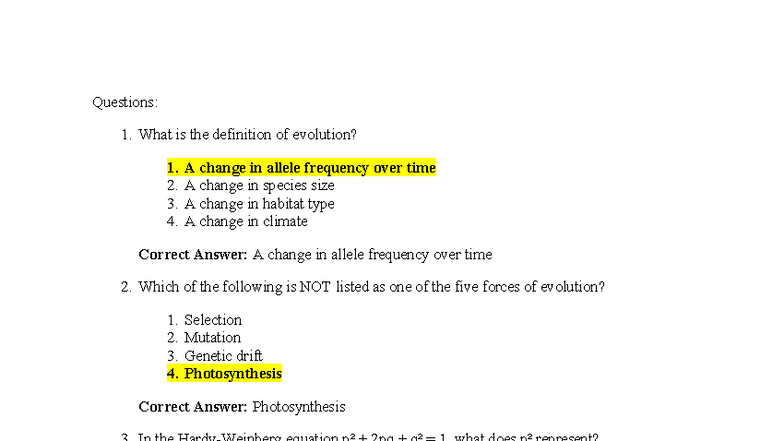 Quiz 7: Evolution Concepts and Genetic Principles - PHYS 221 - Studocu