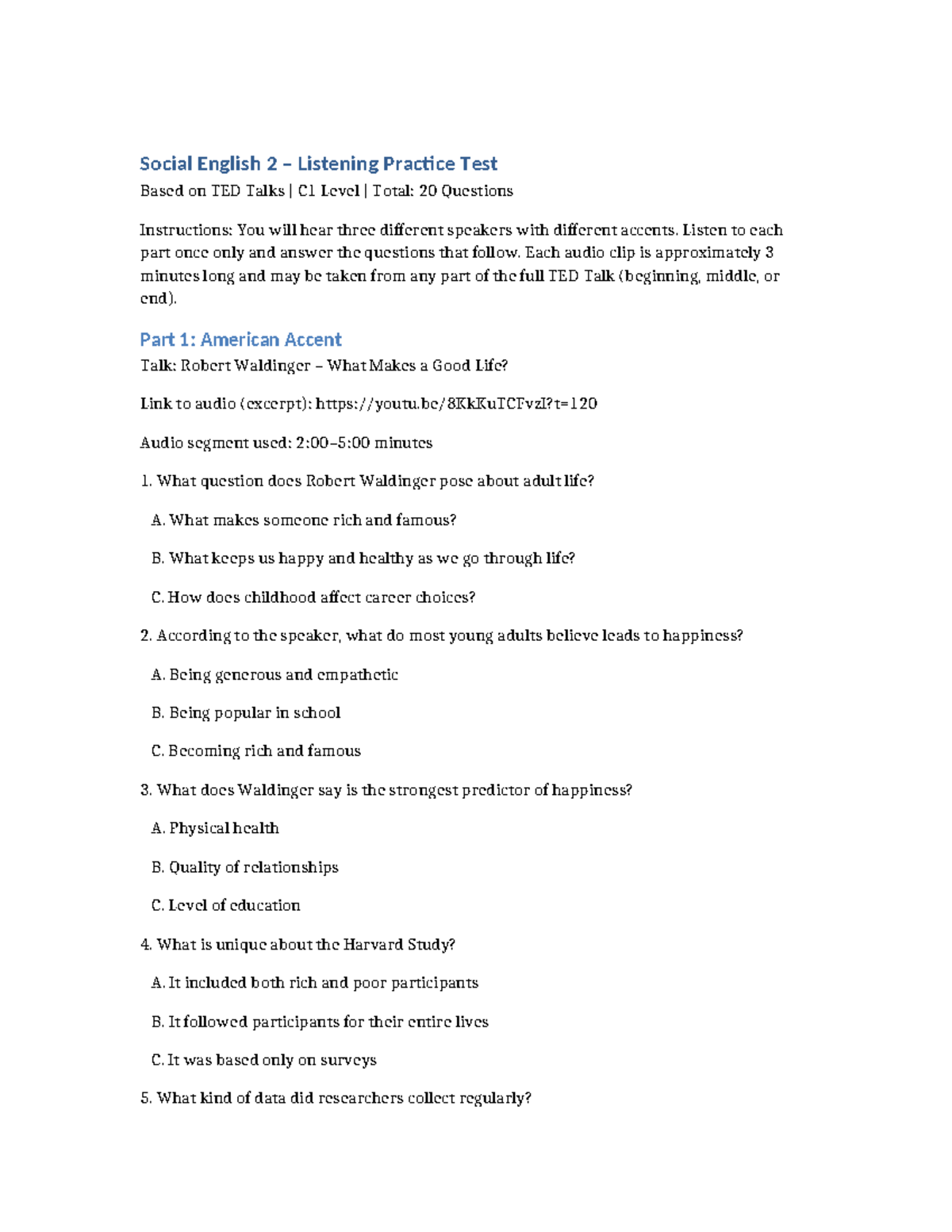 Social English 2 Listening Practice Test: TED Talks C1 Level - Studocu