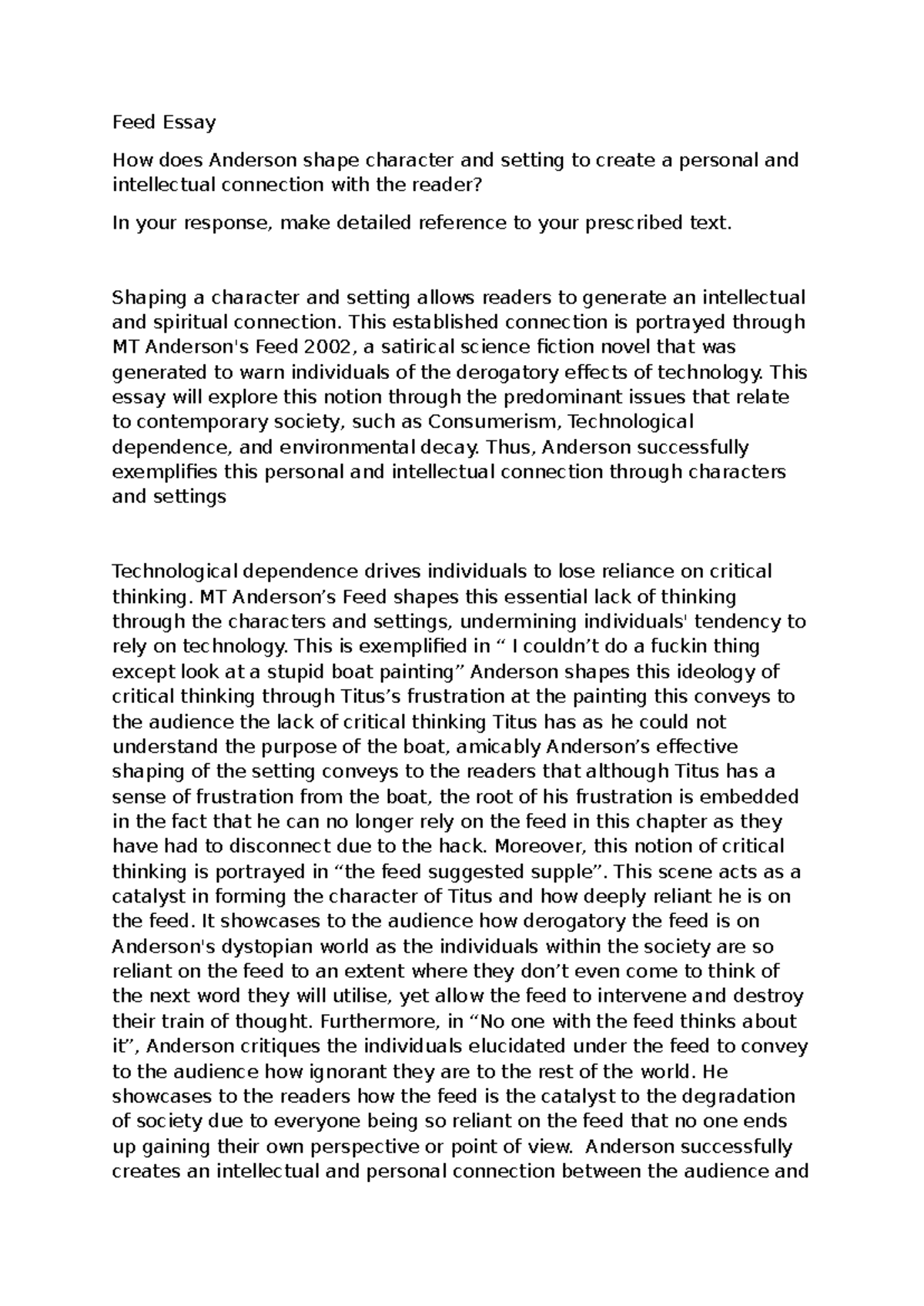 MT Feed Essay: Anderson's Character and Setting Connections - Studocu