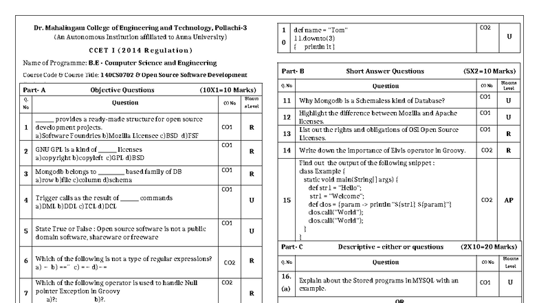 IV CSE-OSSD CCET I Question Paper - Open Source Software Development ...