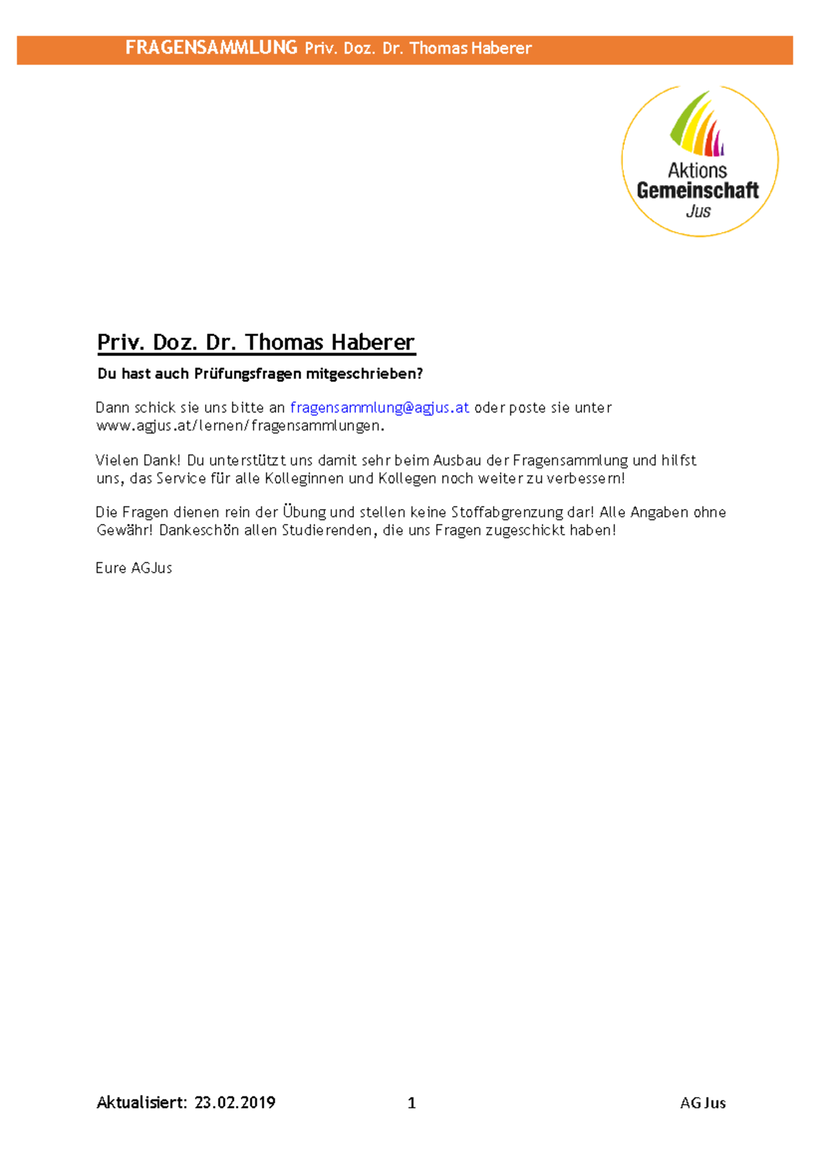 Haberer AG jus - Fragenkatalog - Priv. Doz. Dr. Thomas Haberer Du hast ...
