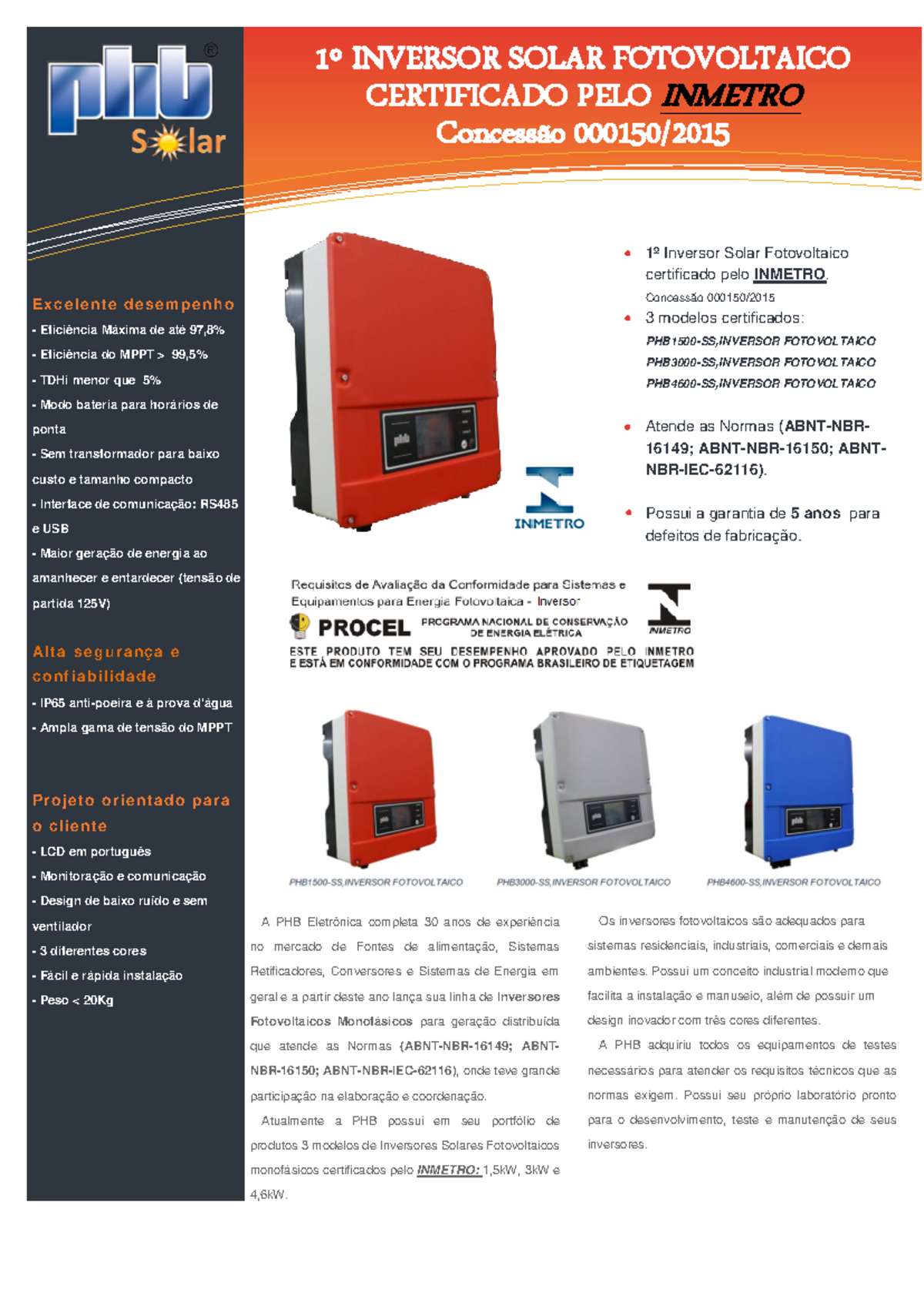 Datasheet do Inversor Solar Fotovoltaico PHB - Modelos Certificados ...
