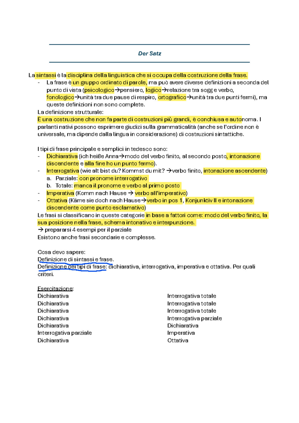 Lezioni di Sintassi e Frasi in Tedesco - Modulo A Lingua Tedesca - Studocu