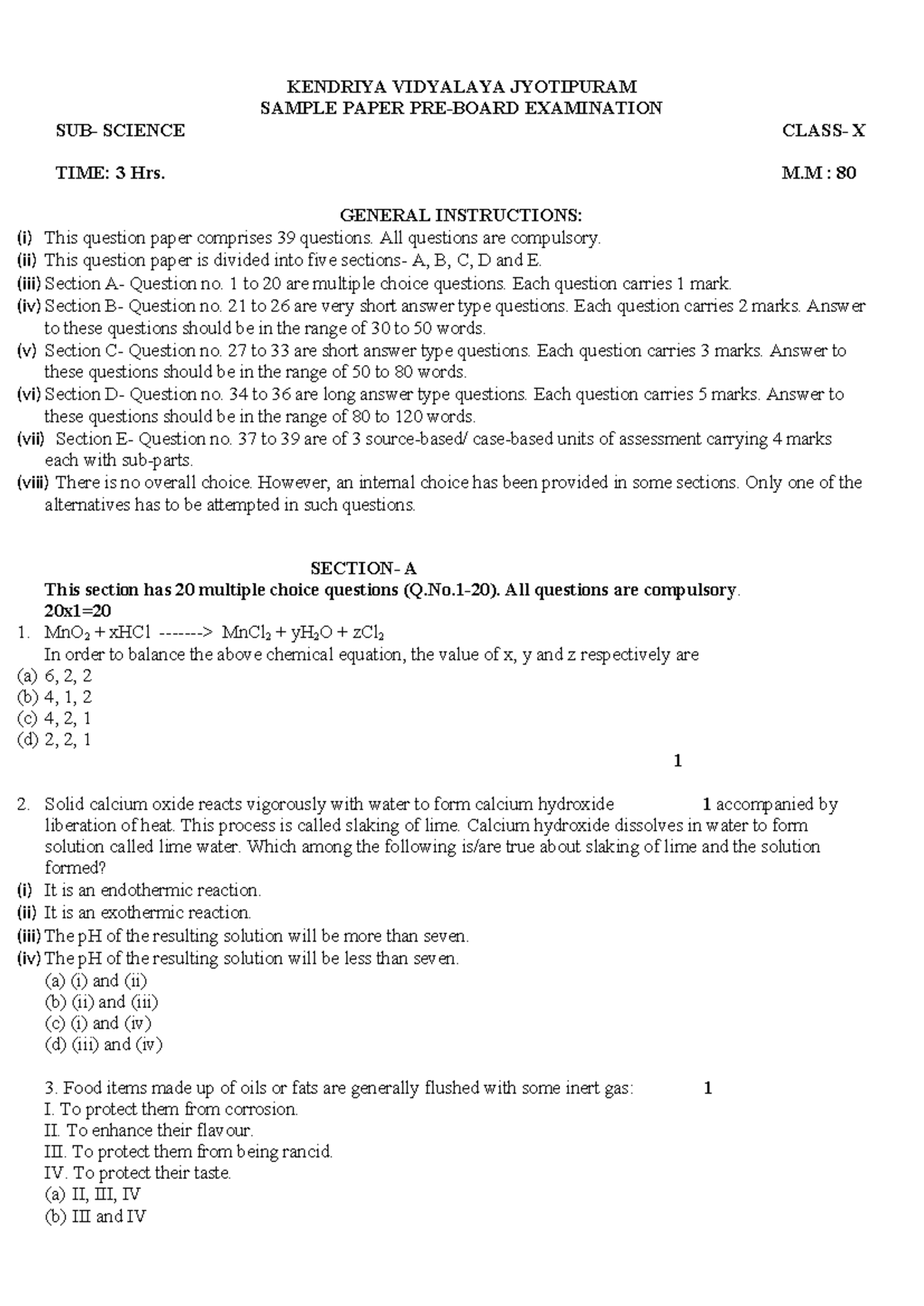 PB Science X Sample Paper Examination - 3 Hrs, M.M: 80 - Studocu
