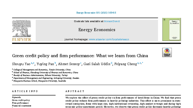 Green Credit Policy Impact on Firm Performance in China (ECO 101) - Studocu