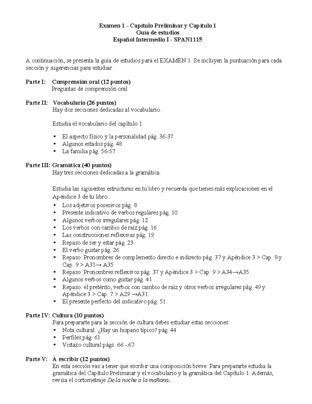 SPAN1115 Examen 1: Guía de Estudios y Actividades de Español Intermedio ...
