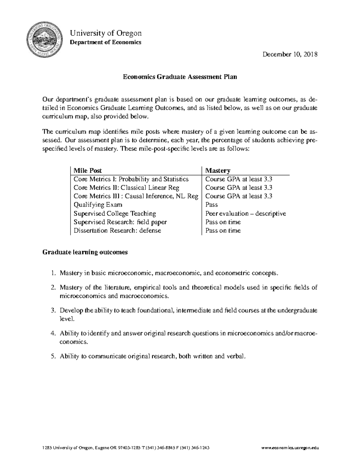 Econ 201: Graduate Assessment Plan - Learning Outcomes & Metrics - Studocu